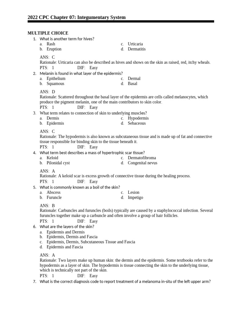 Integumentary System Quiz Questions | PDF | Integumentary System ...