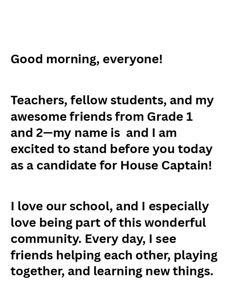 Speech For House Captain at Grade 1 and 2 Assembly | PDF