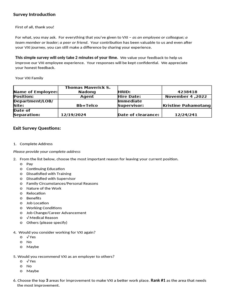 Exit Survey Questions - 4238418 | PDF