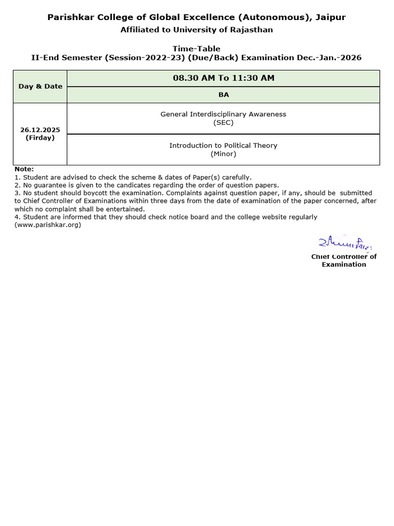 II Sem Due Time Table (Dec Jan. 2026 (Session 2022 23) | PDF