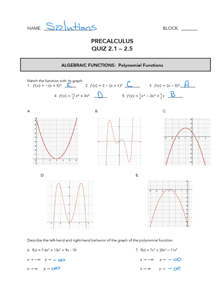 Precalculus Polynomial Functions Quiz | PDF | Zero Of A Function ...