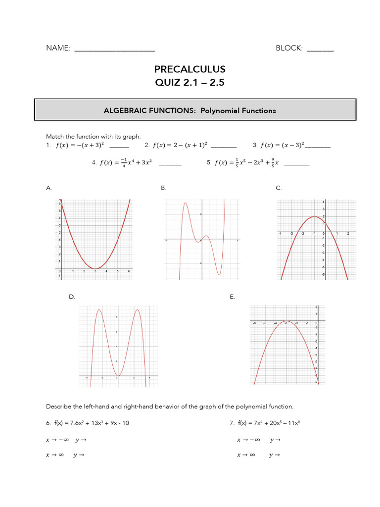 Precalculus Polynomial Functions Quiz | PDF | Zero Of A Function ...
