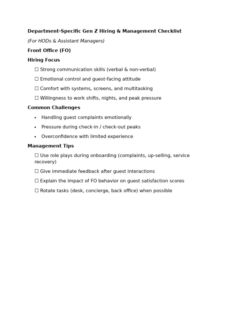 Department Specific Gen Z Hiring & Management Checklist | PDF ...