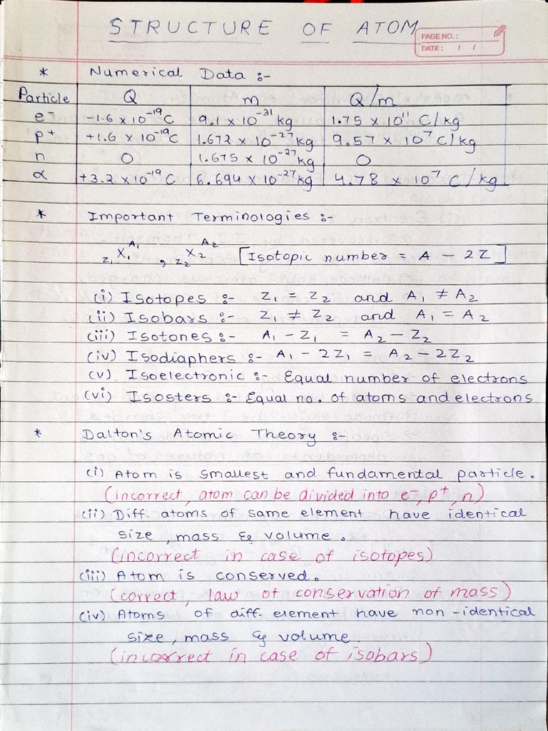 Atomic Structure Handwritten Notes Class 11 Physical Chemistry | PDF ...