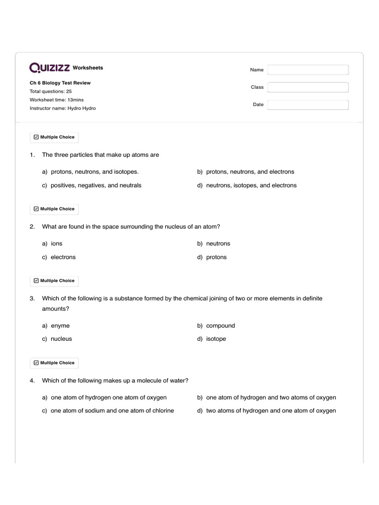 CH 6 Biology Test Review - Quizizz | PDF | Atoms | Proton