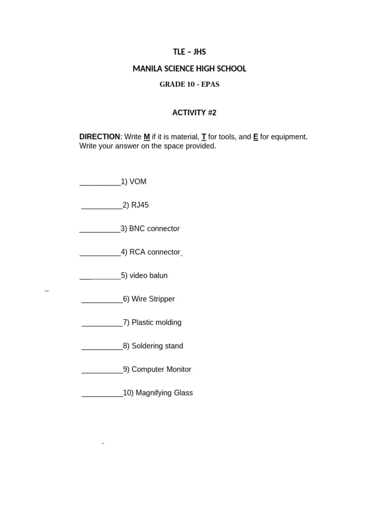 Grade 10 TLE Equipment and Tools Guide | PDF