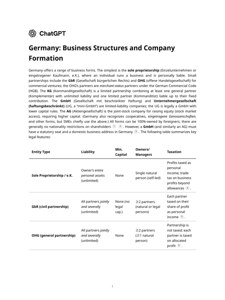 Germany - Business Structures and Company Formation | PDF | Partnership ...