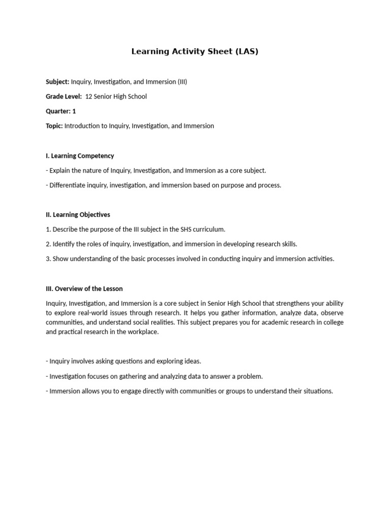 Inquiry and Investigation in SHS Curriculum | PDF