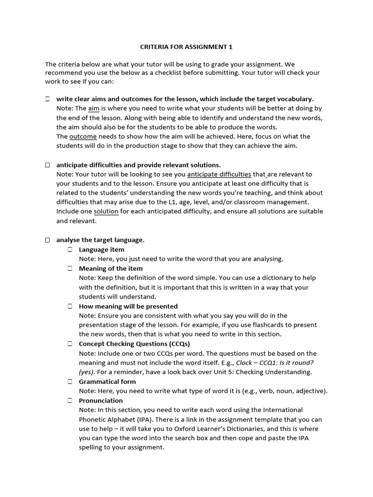 Criteria Checklist A1 (3) | PDF | Word | Lesson Plan