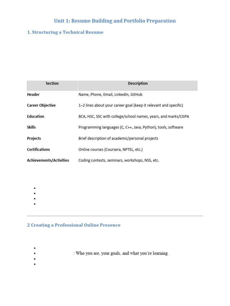 Unit 1 Resume Building and Portfolio Preparation | PDF | Résumé ...