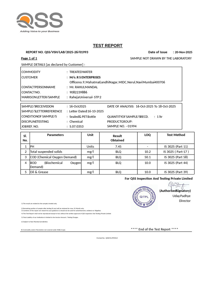 01993-25 - Treated Water | PDF | Chemistry | Environmental Science
