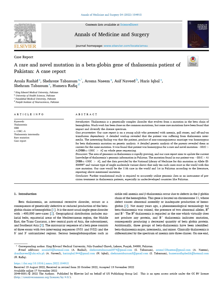 A Rare and Novel Mutation in A Beta Globin Gene Of.114 | PDF | Blood ...