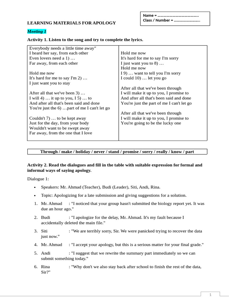 Apology Learning Materials and Activities | PDF