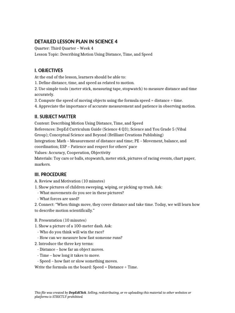 Motion: Distance, Time, and Speed Lesson | PDF | Science