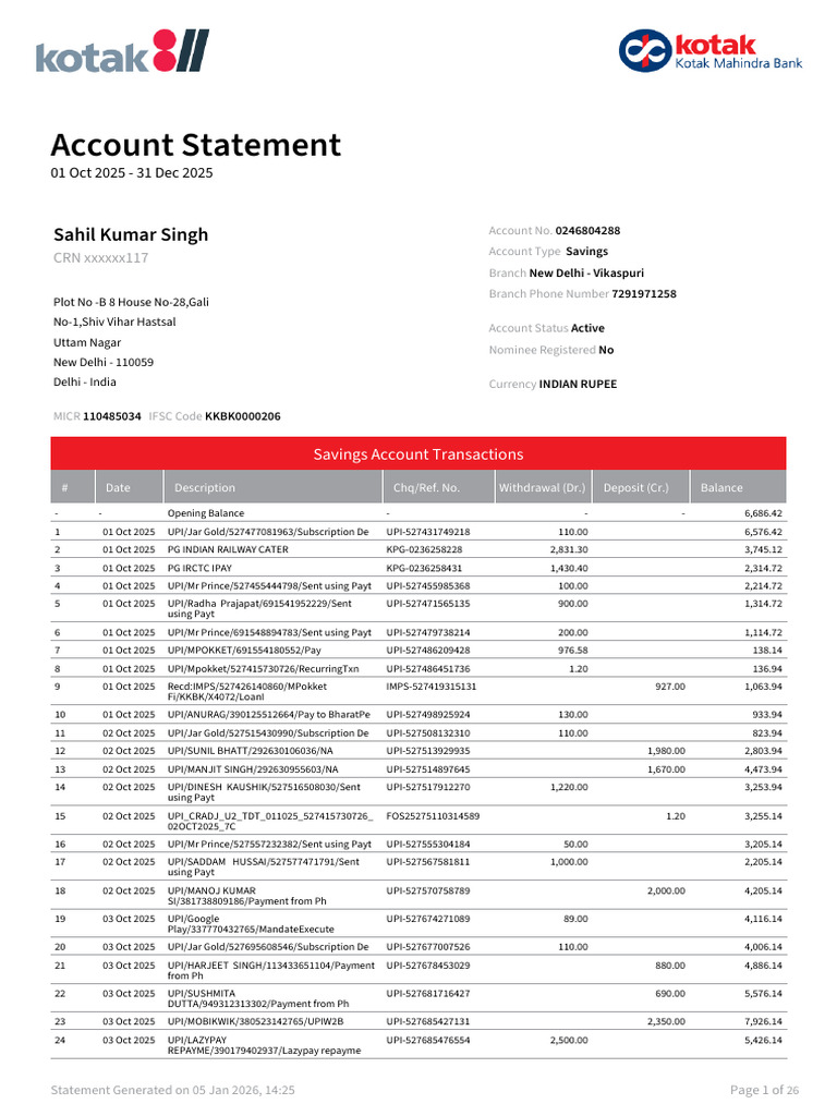 Savings Account Statement: Oct-Dec 2025 | PDF | Economy Of India | Payments