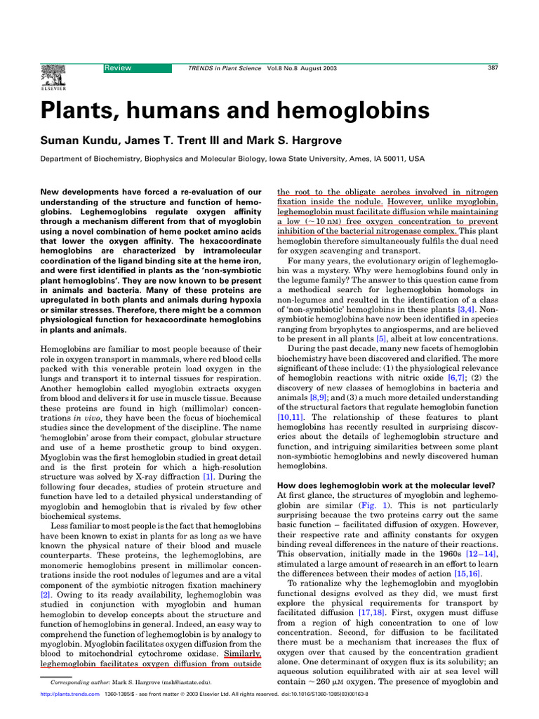 Plants Humans and Hemoglobins | PDF | Hemoglobin | Biology