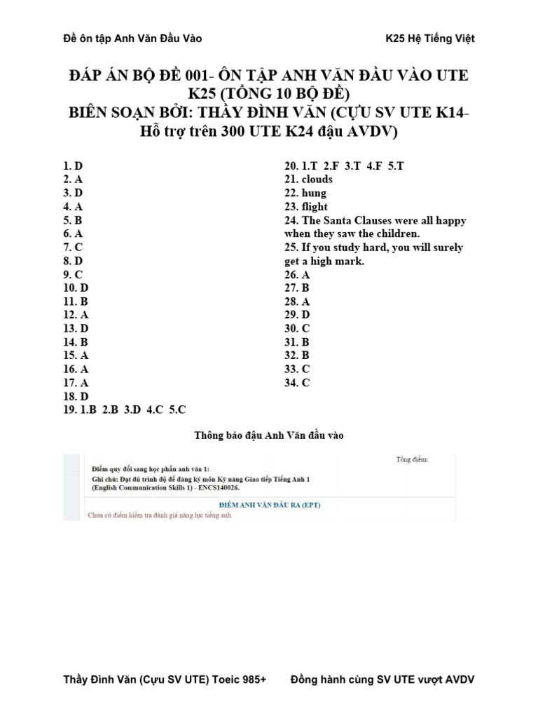 ĐÁP ÁN BỘ ĐỀ 001 - Final AVDV UTE K25 | PDF
