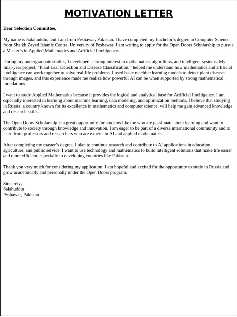 Motivation Letter For Artificial Intelligence | PDF