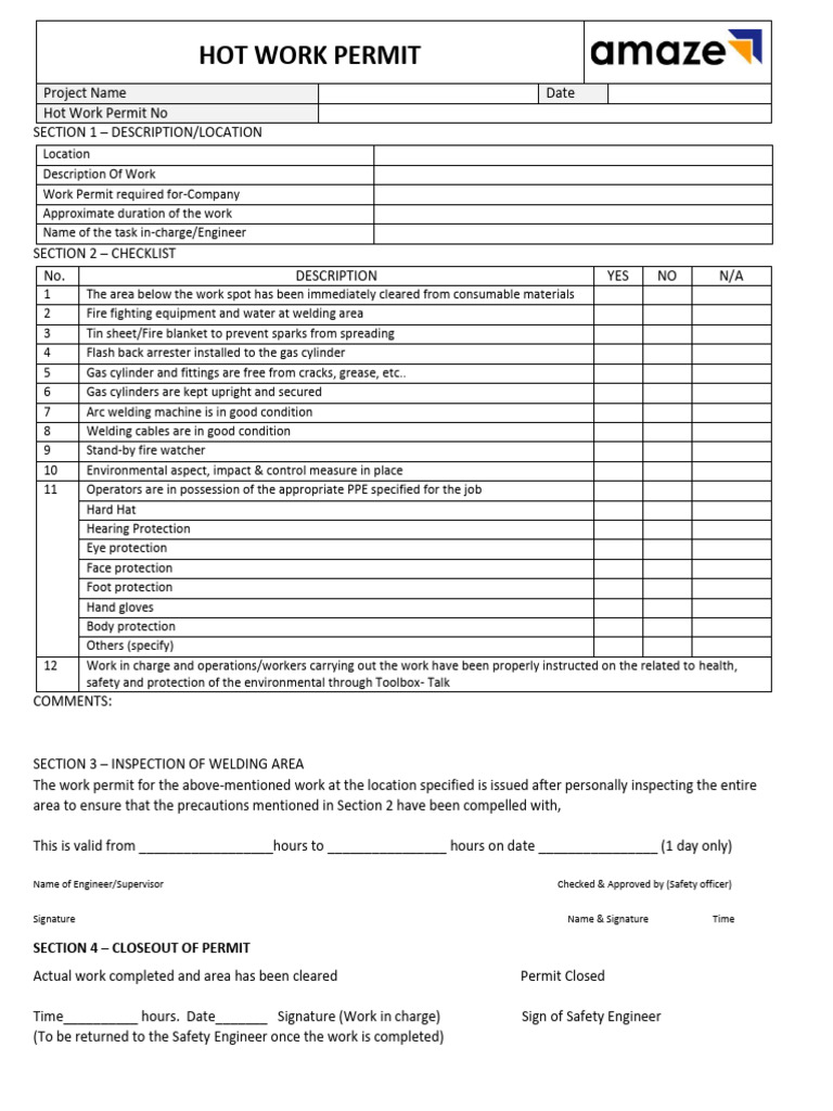 Hot Work Permit Checklist Template | PDF | Welding | Construction
