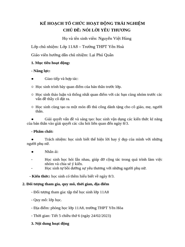 KẾ HOẠCH TỔ CHỨC HOẠT ĐỘNG TRẢI NGHIỆM final | PDF