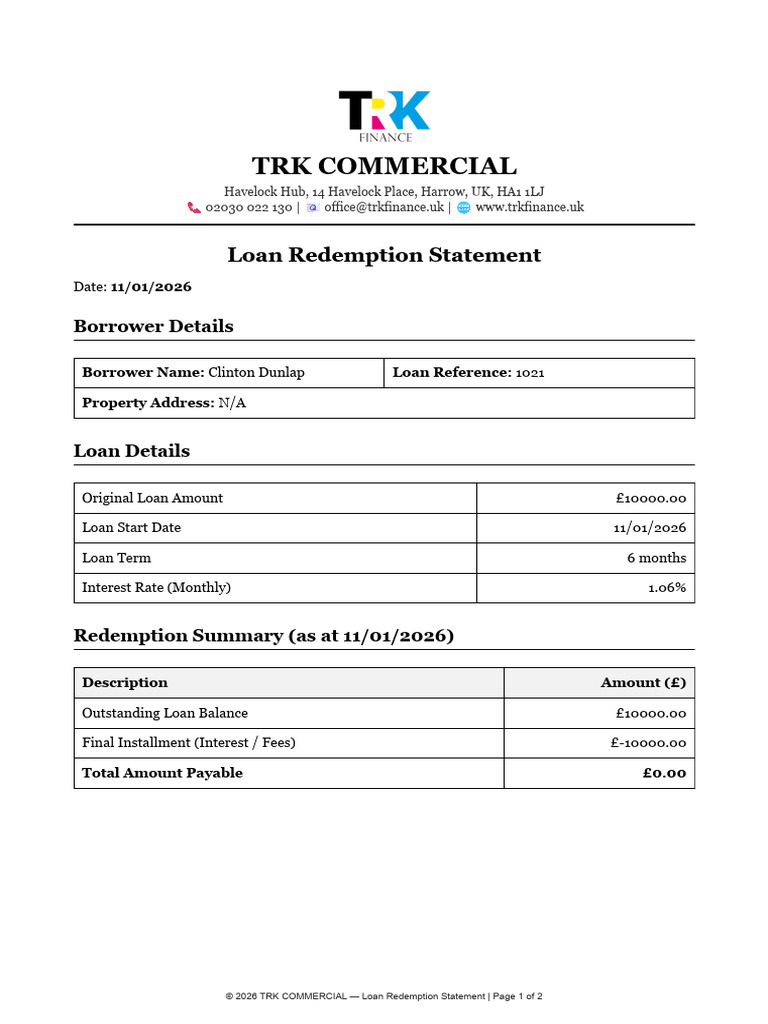 Loan Redemption Clinton Dunlap 11-01-2026 | PDF