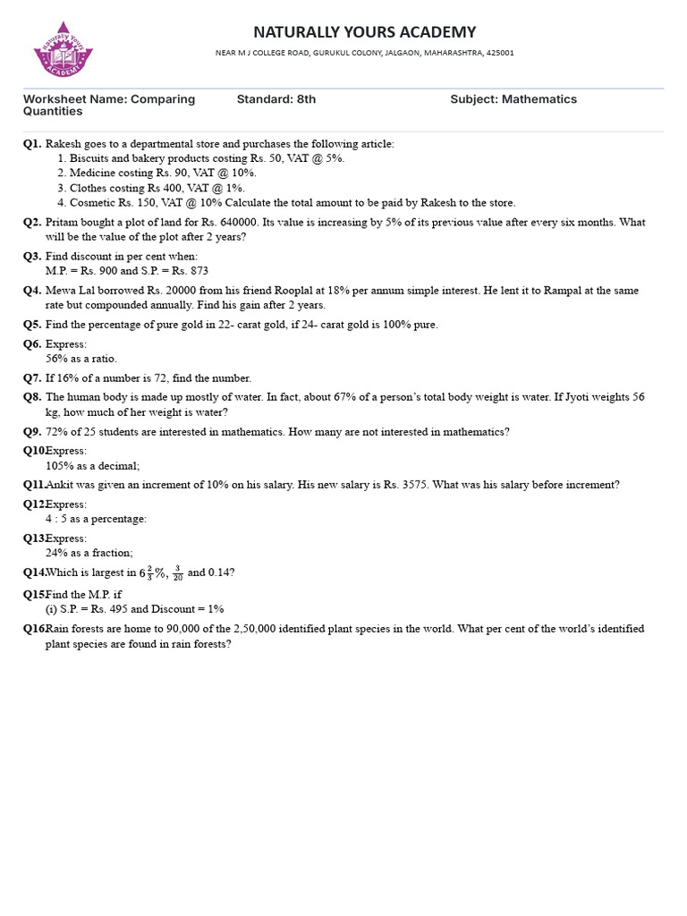 8th Worksheet Comparing Quantities QP 1 | PDF