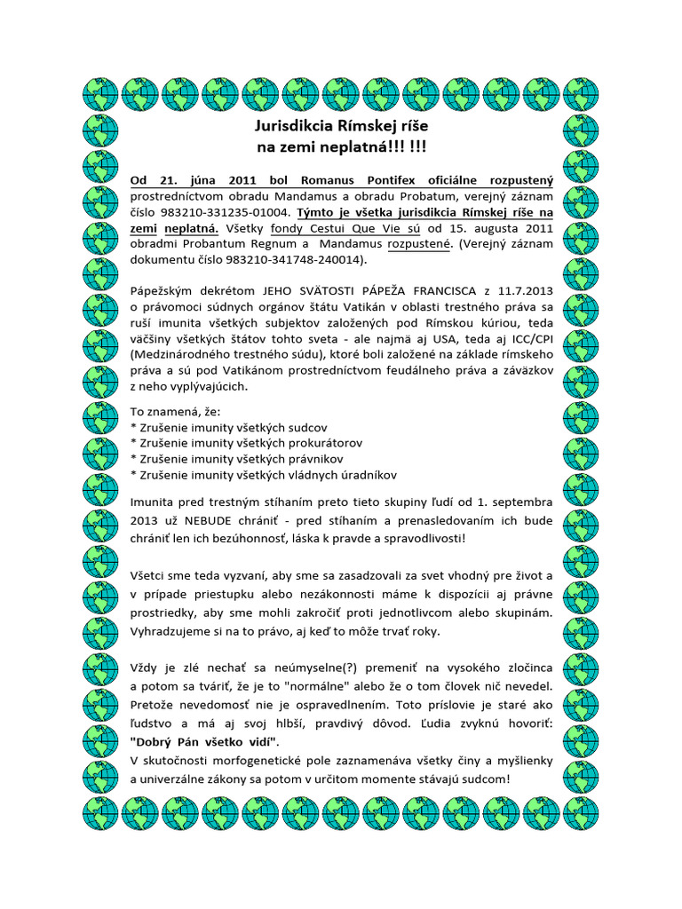 2011 06 21 Romanus Pontifex Koniec Jurisdikcia Rimskej Rise Na Zemi(1) | PDF