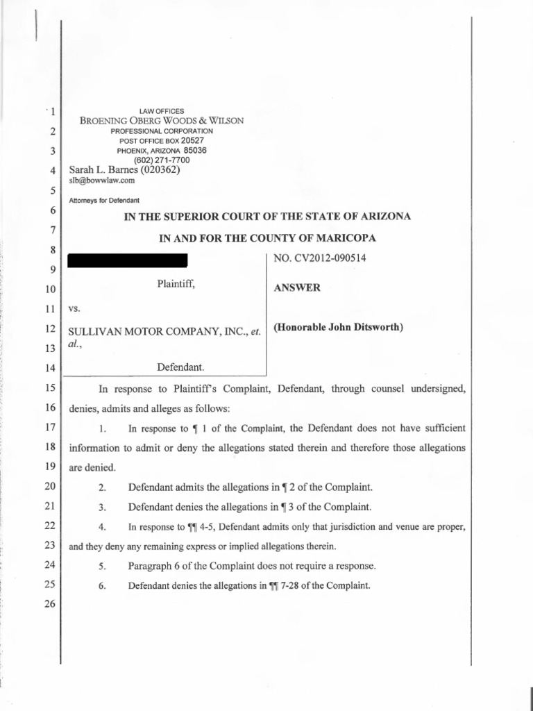 Answer Redacted | PDF | Affirmative Defense | Complaint