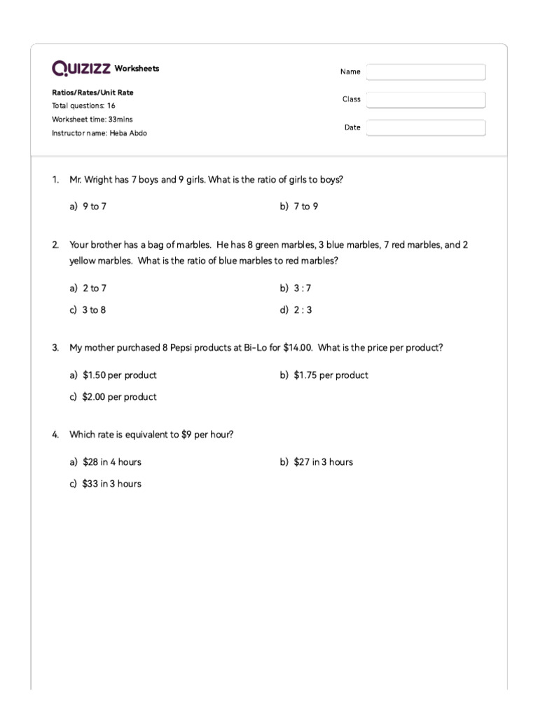 Ratios Rates Unit Rate Quizizz | PDF | Ratio | Arithmetic