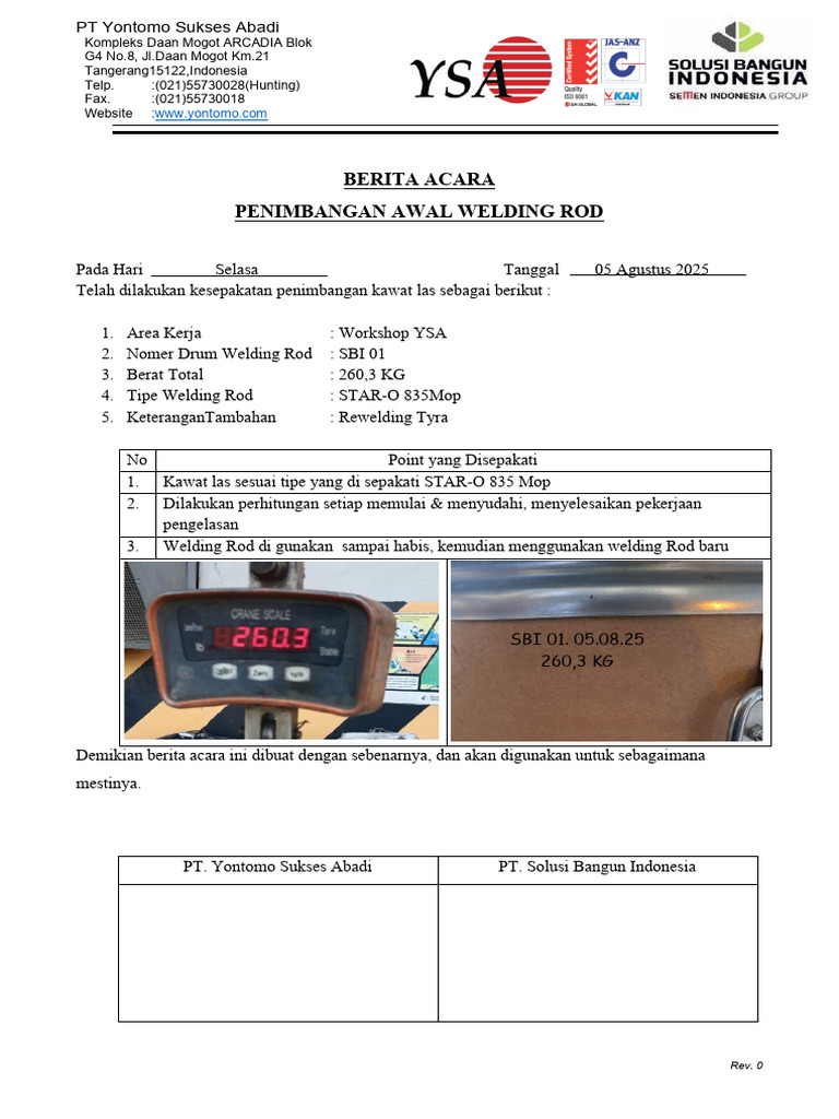 Berita Acara Penimbangan Welding Rod | PDF