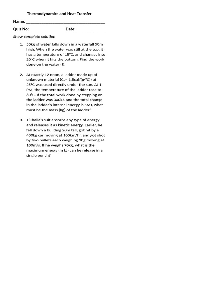 Thermodynamics Quiz: Energy Calculations | PDF