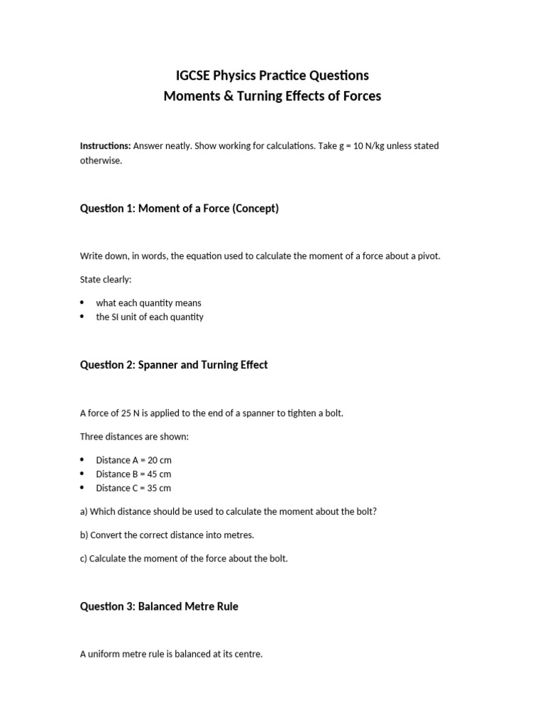IGCSE Physics: Moments Practice Questions | PDF