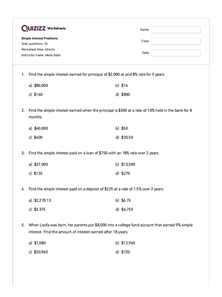 Simple Interest Problems - Quizizz | PDF | Interest | Chess