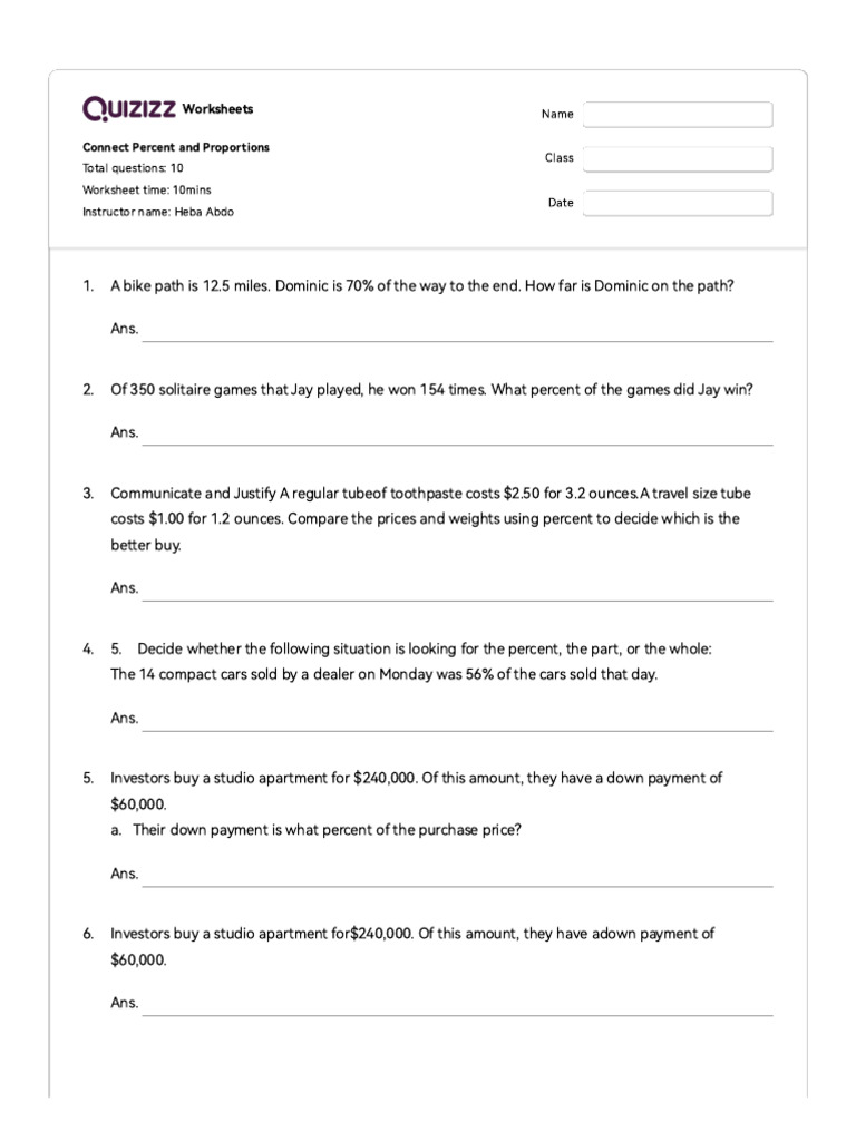 Percent and Proportions Worksheets | PDF