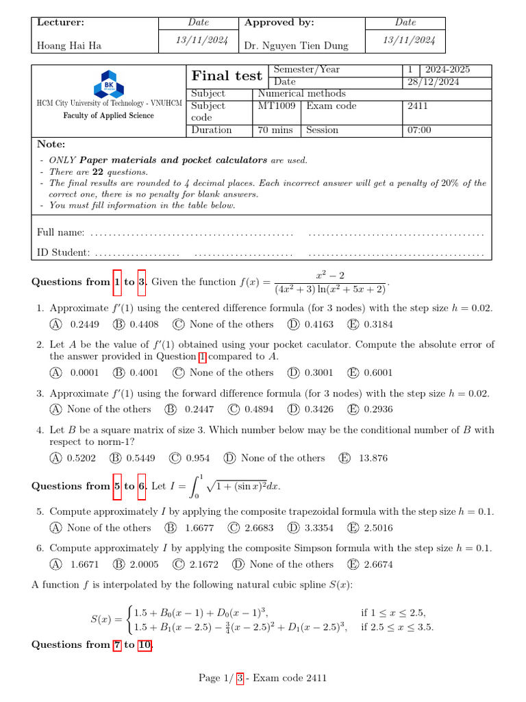 Numerical Methods Final Exam 2024 | PDF | Interpolation | Spline ...