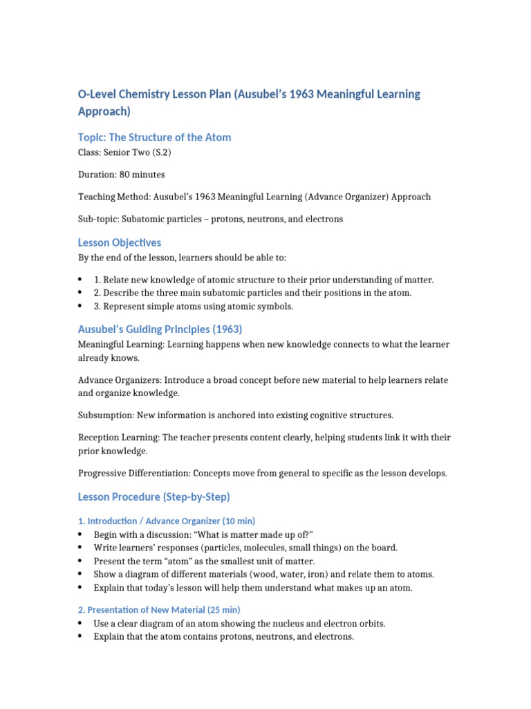 Ausubel Meaningful Learning Chemistry Lesson Plan | PDF | Atoms | Proton