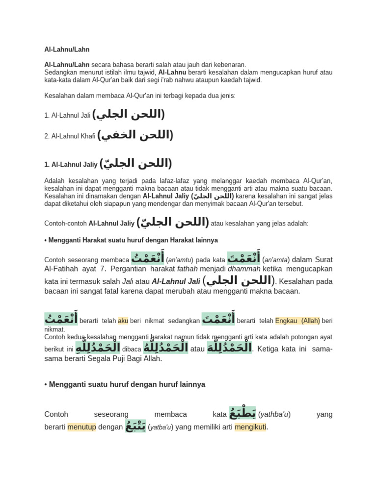 Kesalahan Membaca Al-Qur'an: Lahn Jali & Khafi | PDF