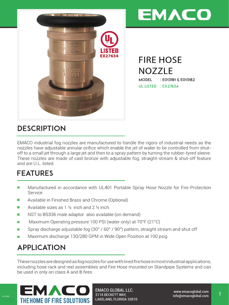EMACO UL E0131 Fire Hose Nozzle Ver.-3.0 | PDF | Nozzle | Flow Measurement