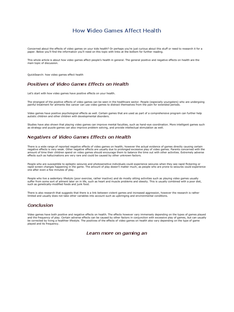 Video Games: Health Effects Explored | PDF | Video Games | Violence