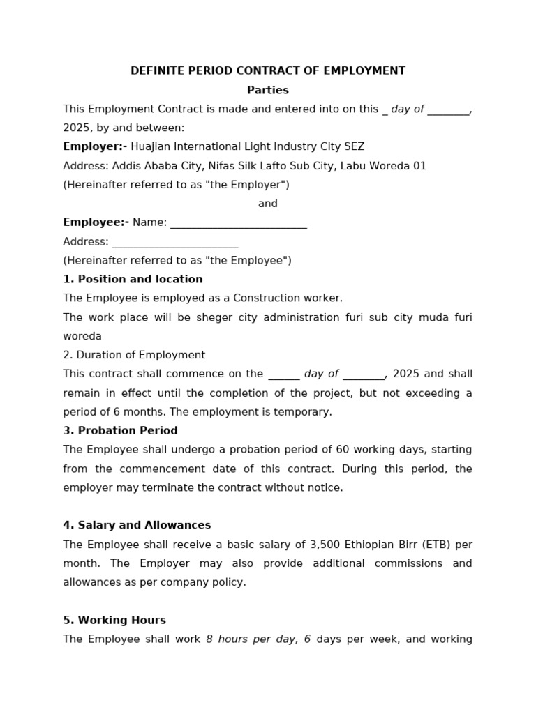 Definite Period Contract of Employment | PDF