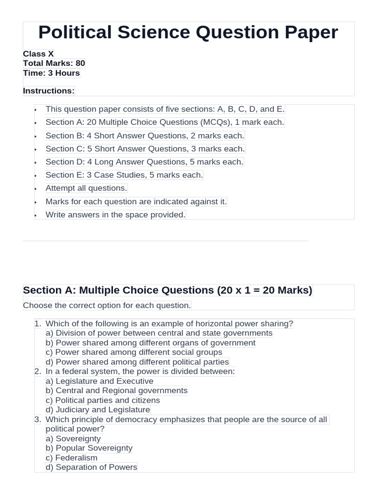 Political Science Question Paper | PDF | Government | Political Science