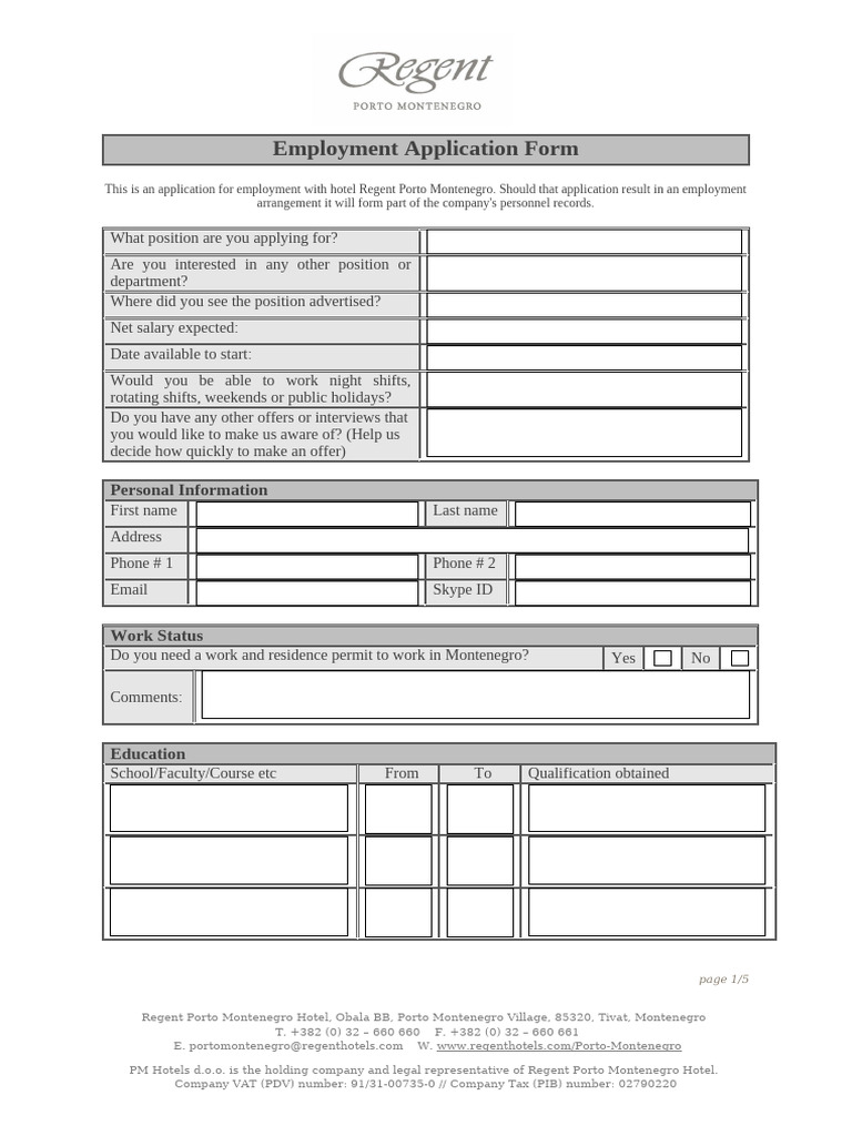 Employment Application for Regent Hotel | PDF