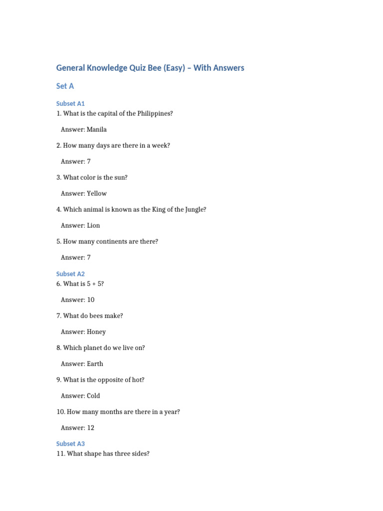 Easy General Knowledge Quiz Bee With Answers | PDF