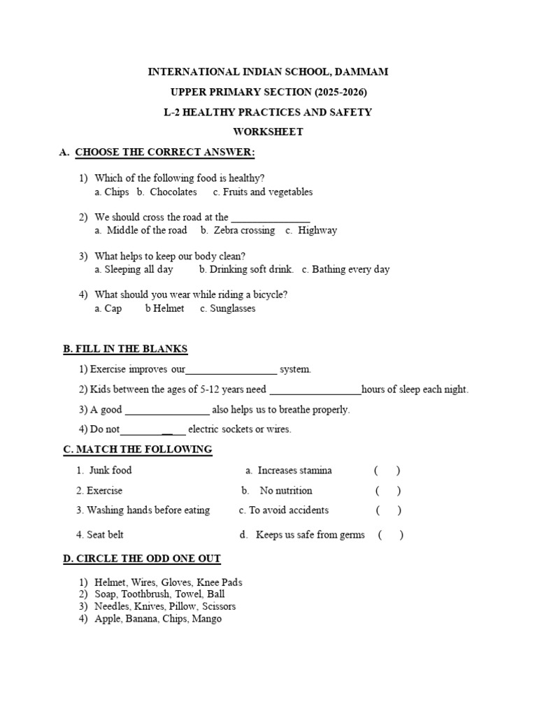 L-2 Healthy Practices and Safety Worksheet | PDF