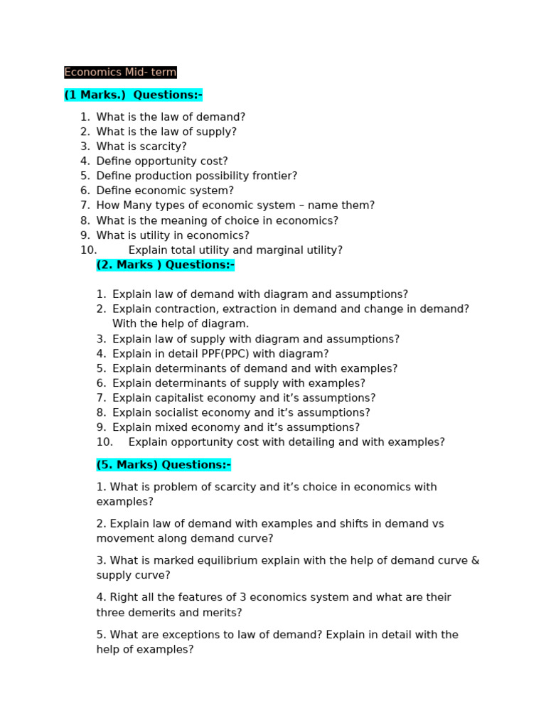 Economics Mid-Term Exam Questions Guide | PDF