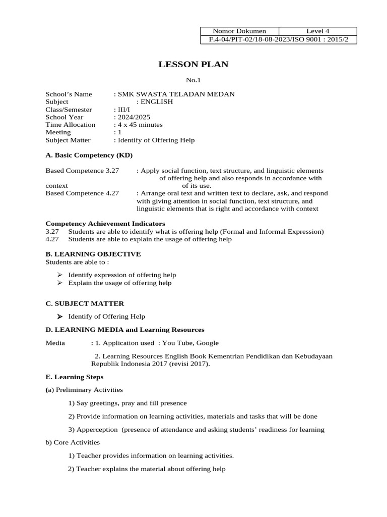 English Lesson Plans for Offering Help and Modals | PDF | Educational ...