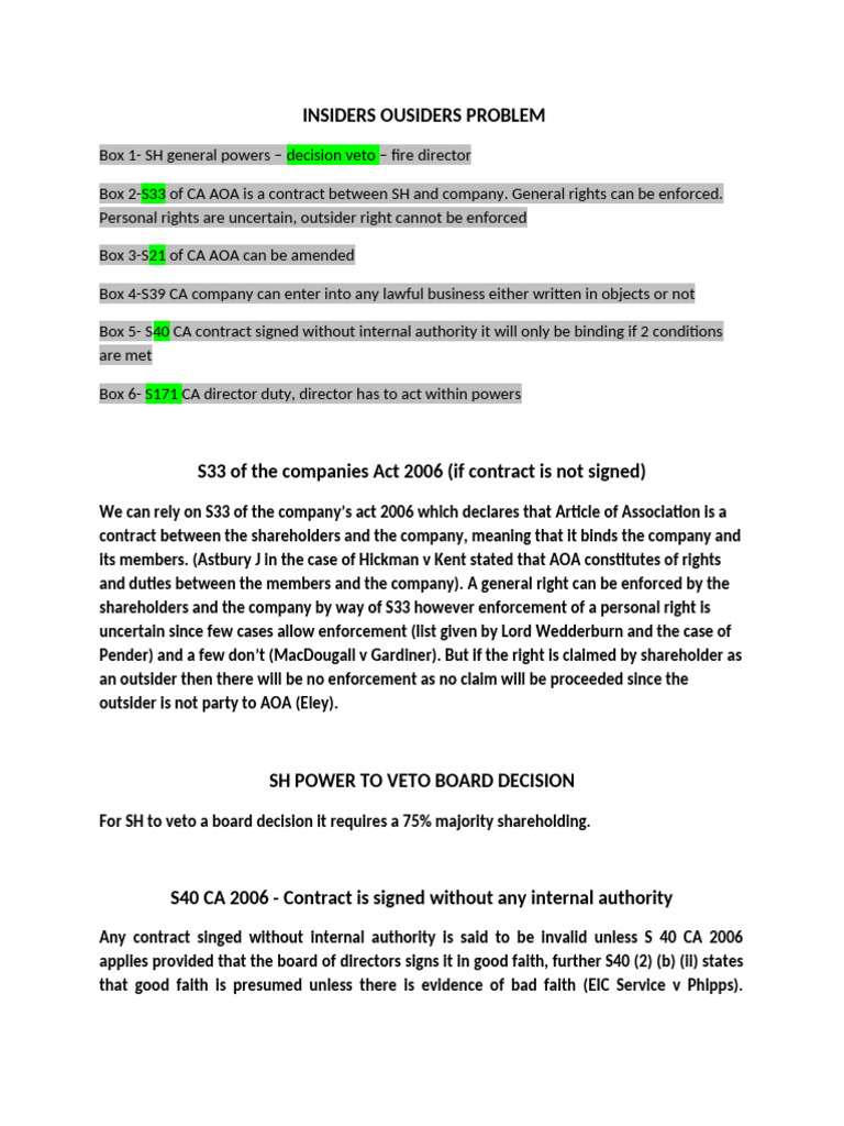 INSIDERS OUSIDERS PROBLEM 2 | PDF | Civil Law (Legal System) | Business Law
