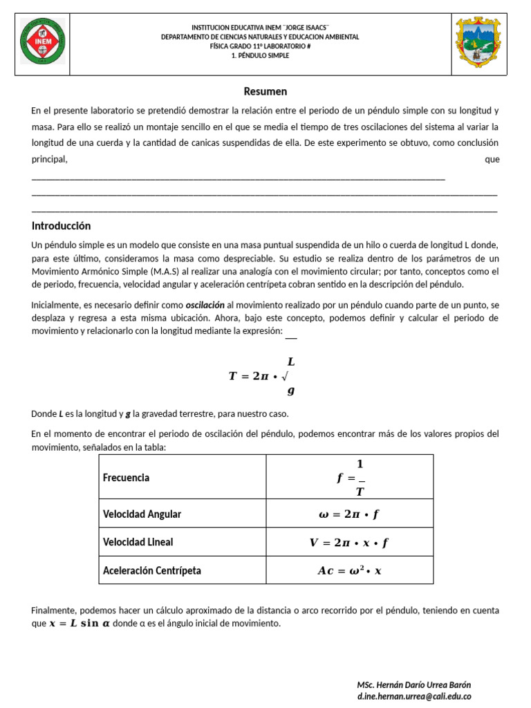 Laboratorio 11. 1. P-ndulo Simple | PDF | Péndulo | Oscilación