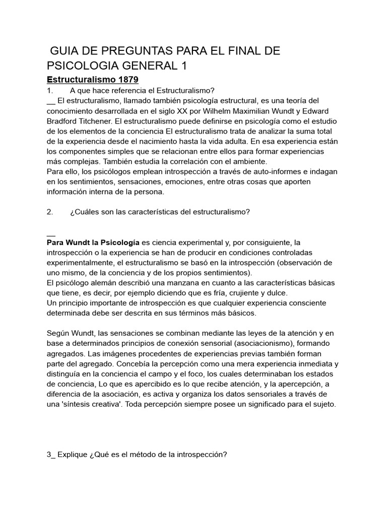 GUIA DE PREGUNTAS PARA EL FINAL DE PSICOLOGIA GENERAL-1 | PDF | Reforzamiento | Behaviorismo