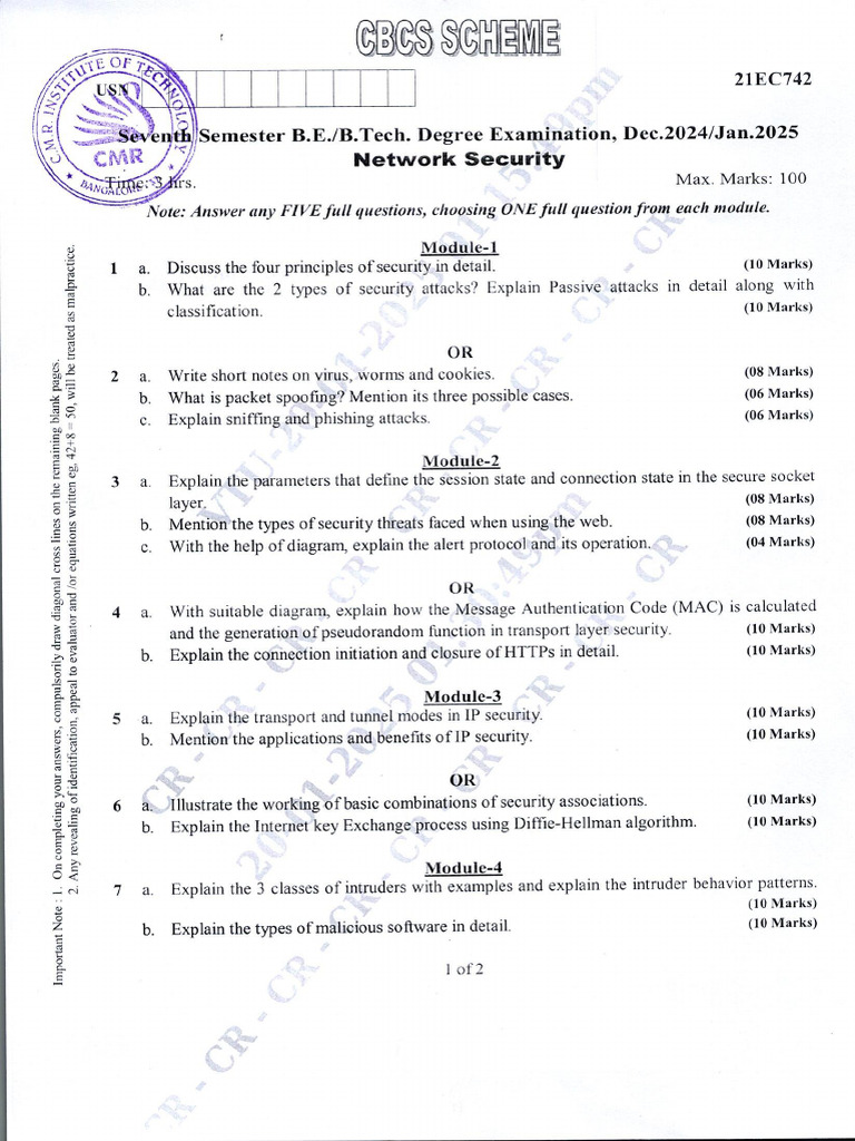 VTU Question Paper of 21EC742 Network Security Dec-2024 - Jan-2025 | PDF